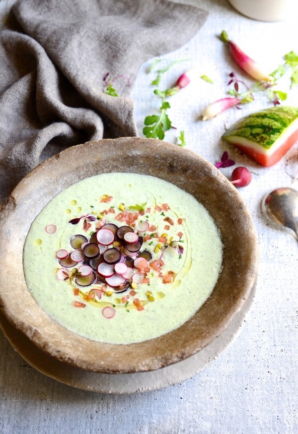 Chilled cucumber soup with grape and watermelon salsa | Bibby's Kitchen