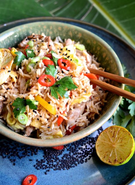 Fried rice with five-spice chicken, peppers and egg 'noodles' | Easy ...