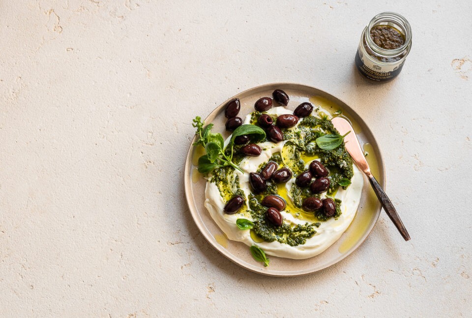 Whipped Feta with Black Truffle Tapenade Pesto & Olives