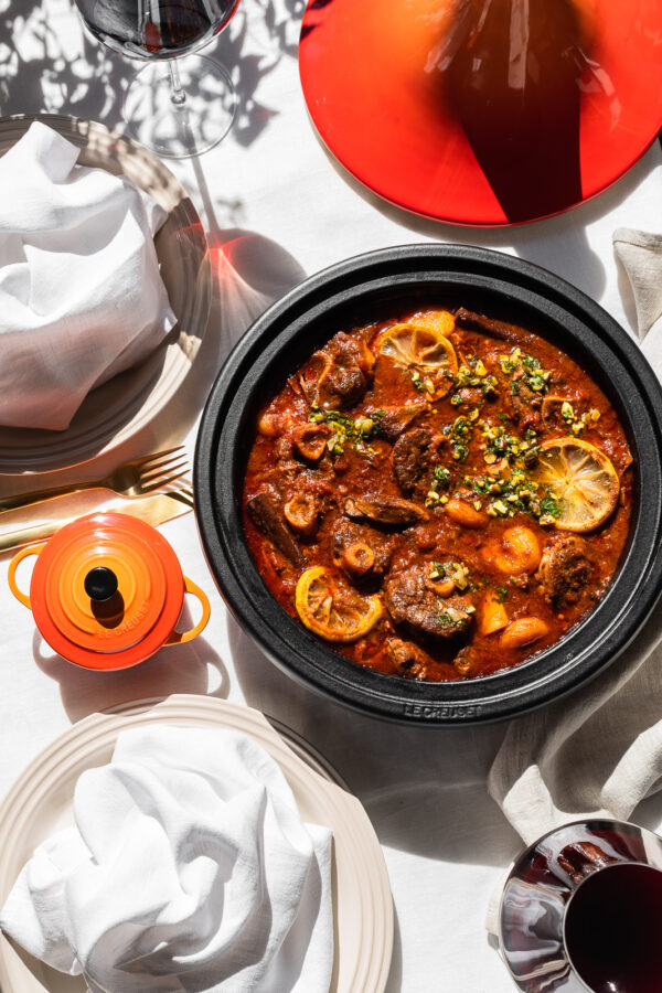 Harissa Lamb Tagine with Apricots and Pistachio Salsa
